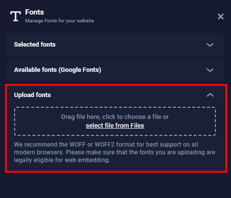 Add and select fonts – The Website Editor